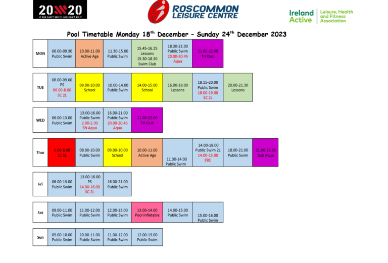 Roscommon Leisure Centre | Pool Timetable.
