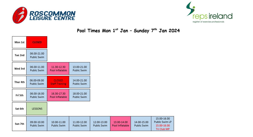 Roscommon Leisure Centre | Pool Timetable.