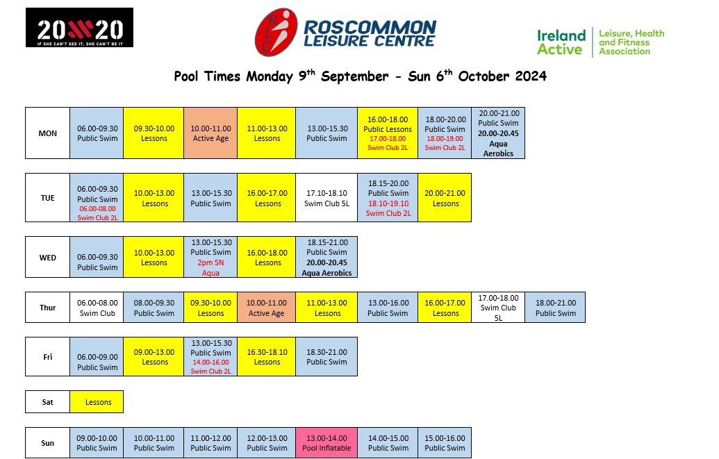 Roscommon Leisure Centre | Pool Timetable.