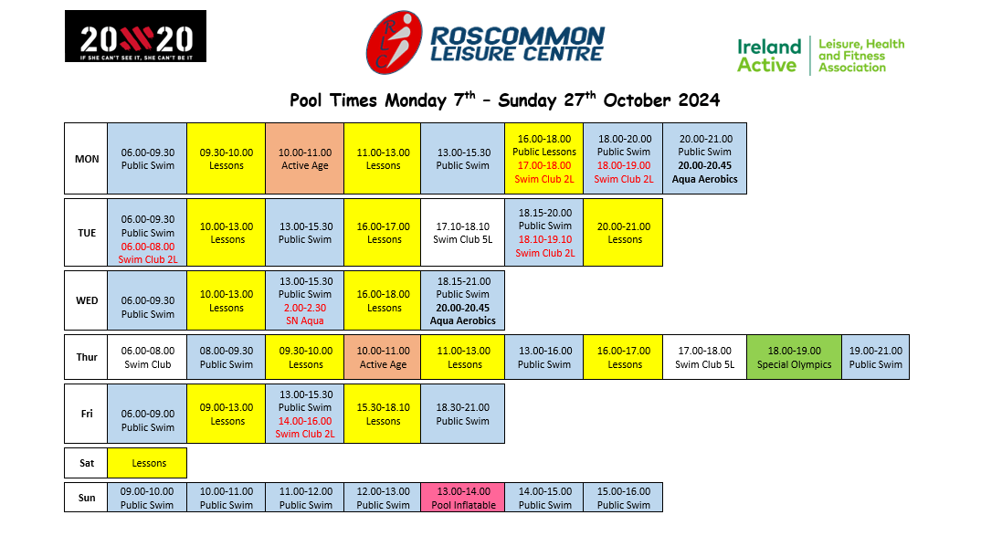 Roscommon Leisure Centre | Pool Timetable.