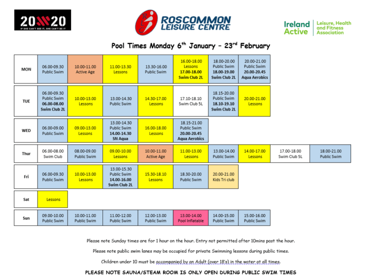 Roscommon Leisure Centre | Pool Timetable.